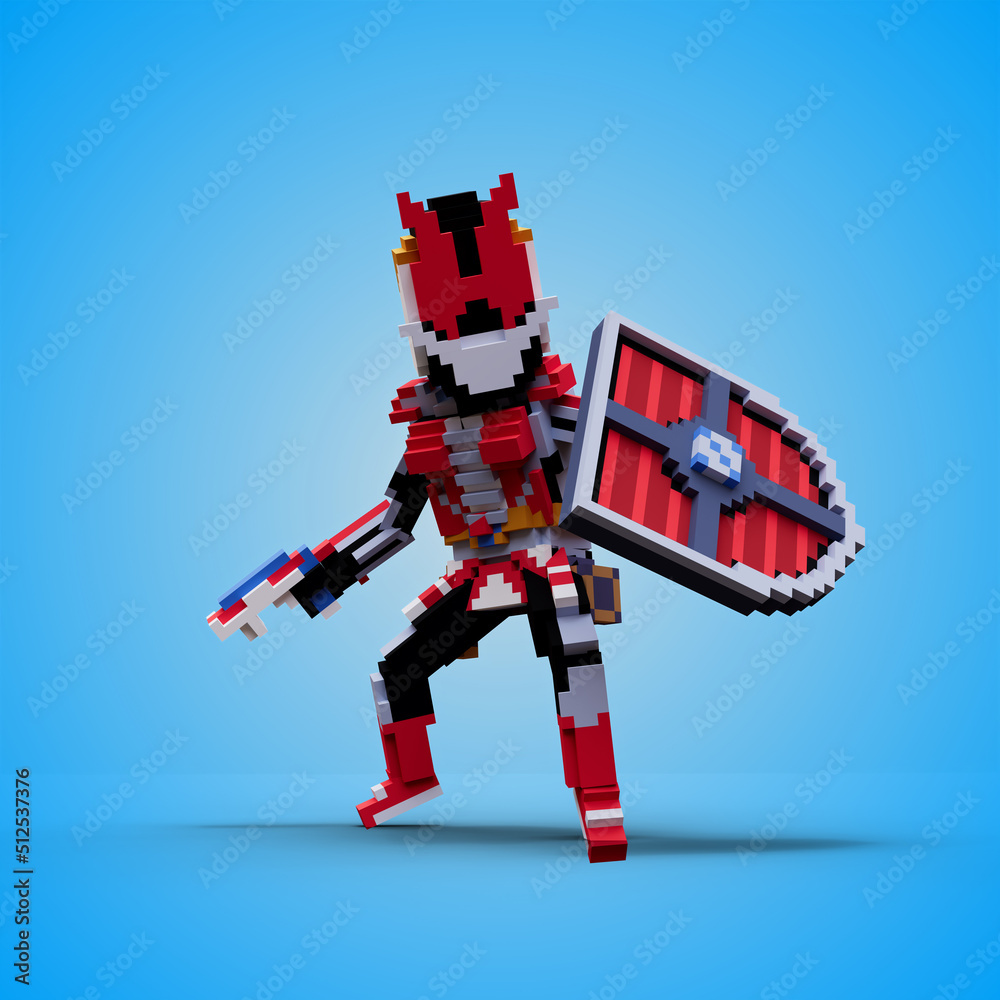 3D rendering of a red warrior using shield and sword. With a blue ...