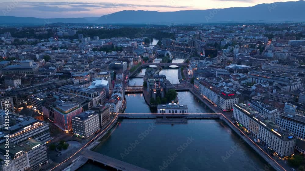 Night view of Geneva city center, aerial view of Swiss city of Geneve ...