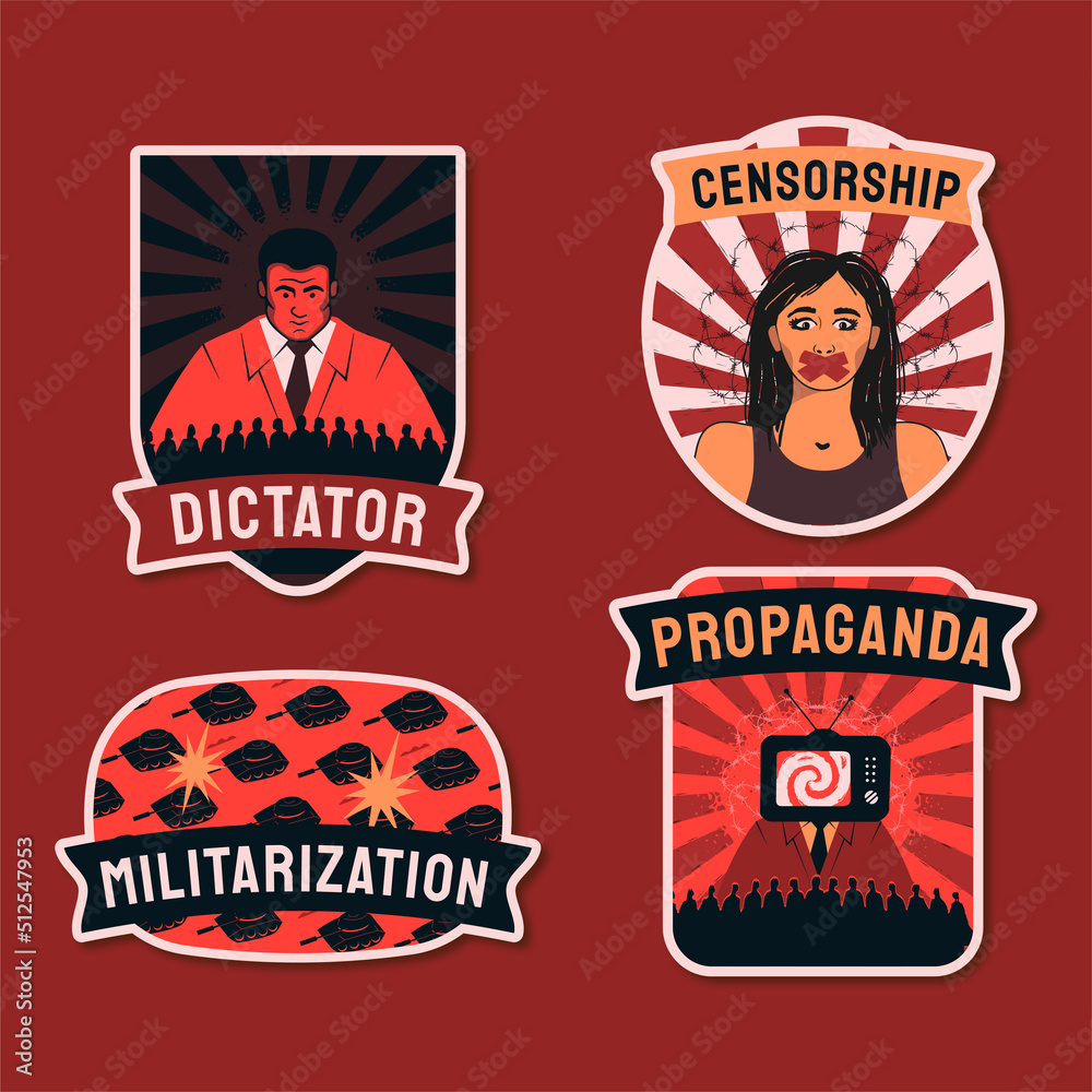 Red and black stickers, symbols of dictatorship, censorship, propaganda ...