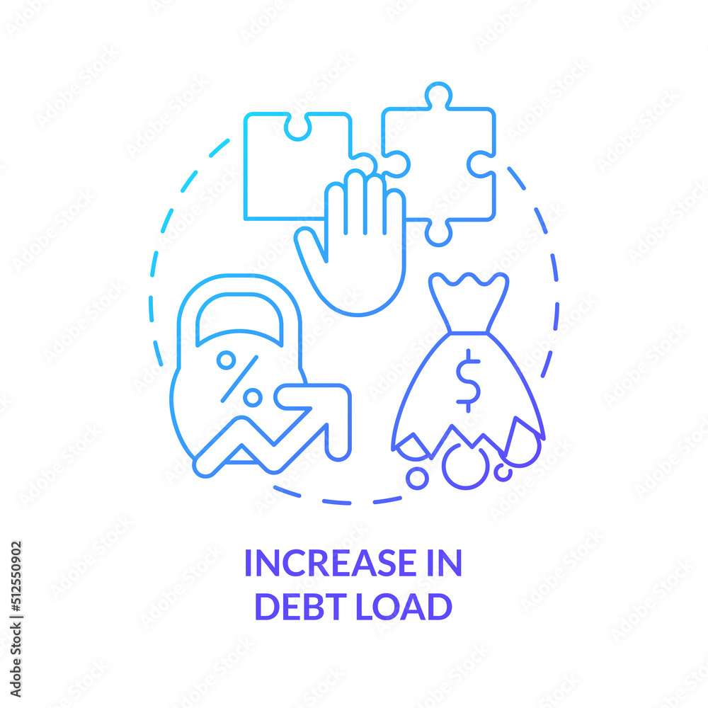 Increase in debt load blue gradient concept icon. Risk of bunkruptcy. Disadvantage of business ...