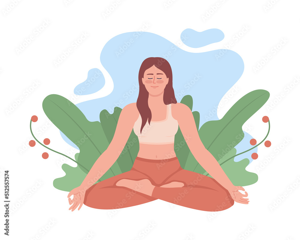 Tranquil woman meditating outdoor 2D vector isolated illustration ...