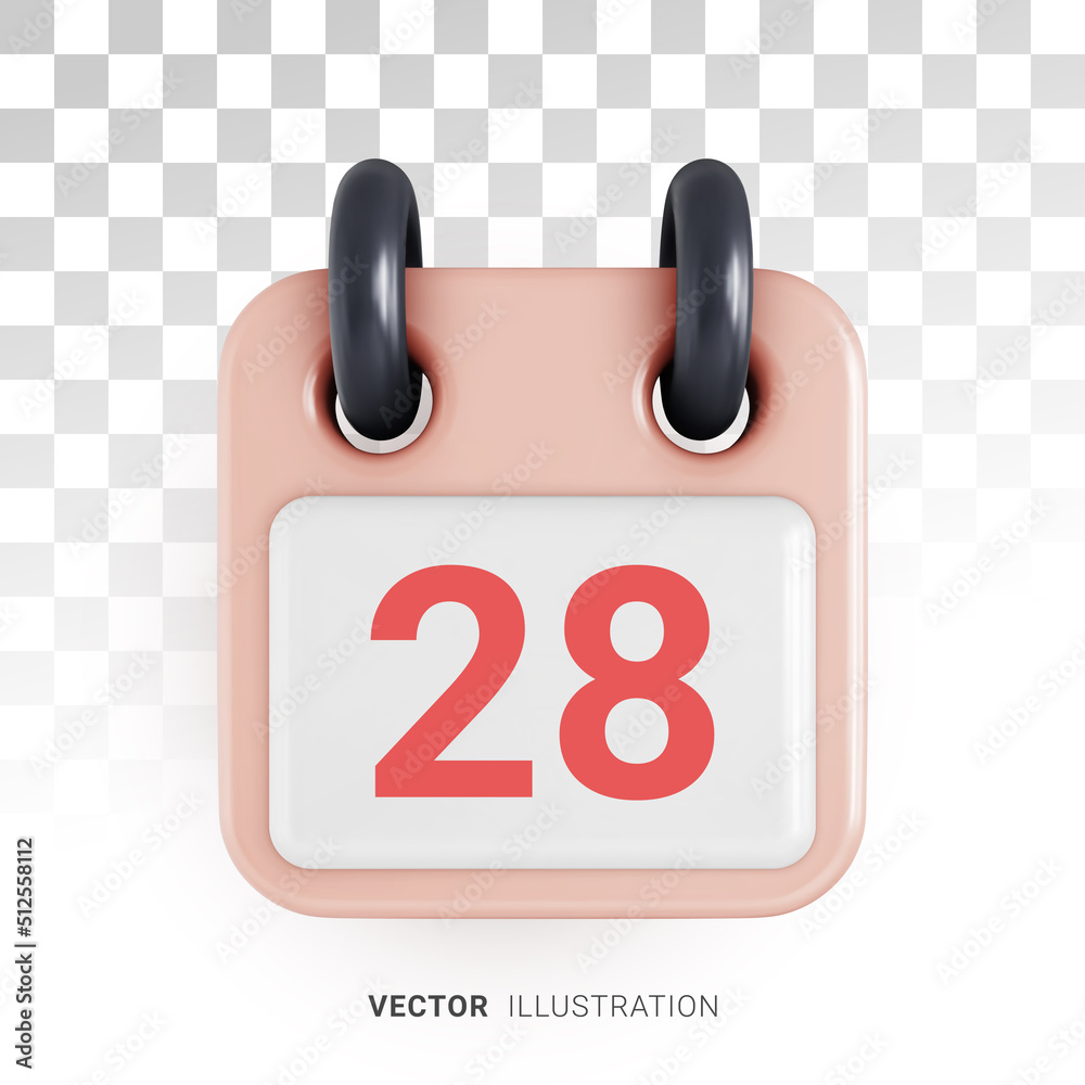 Calendar icon. Flip calendar with the date of the month 28. Realistic ...