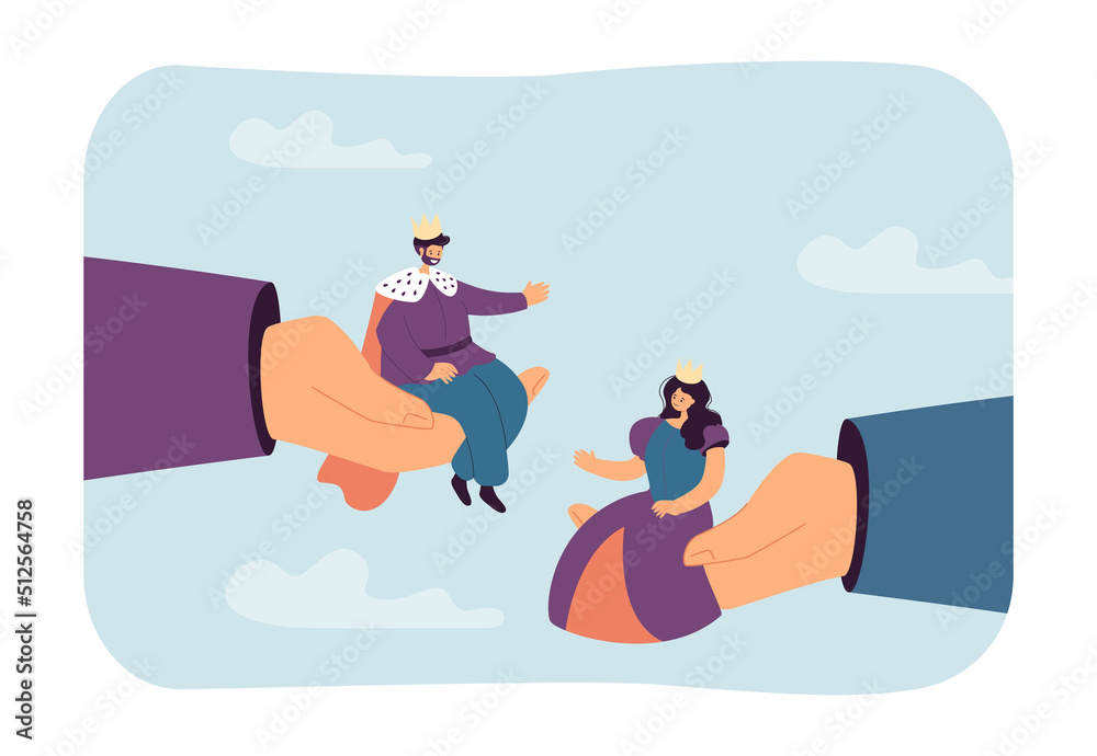 Big hands holding tiny sitting queen and king. Couple of man and woman ...