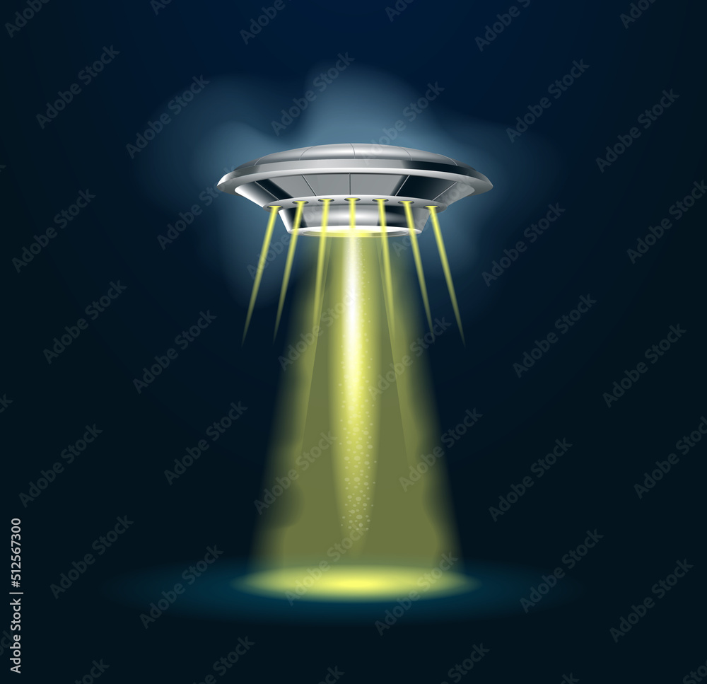 Alien spaceship with light beam, smoke and glows. 3d vector ufo Stock ...