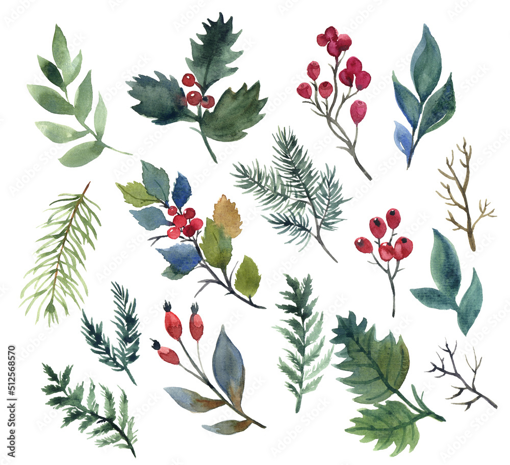 Watercolor greenery. festive, green traditional invitation tree. flora ...