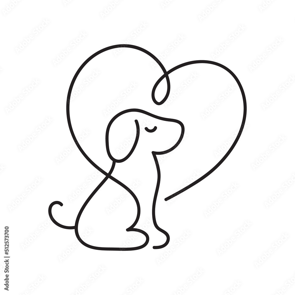 Love animal logo with dog and heart. Hand drawn monoline vector clipart ...