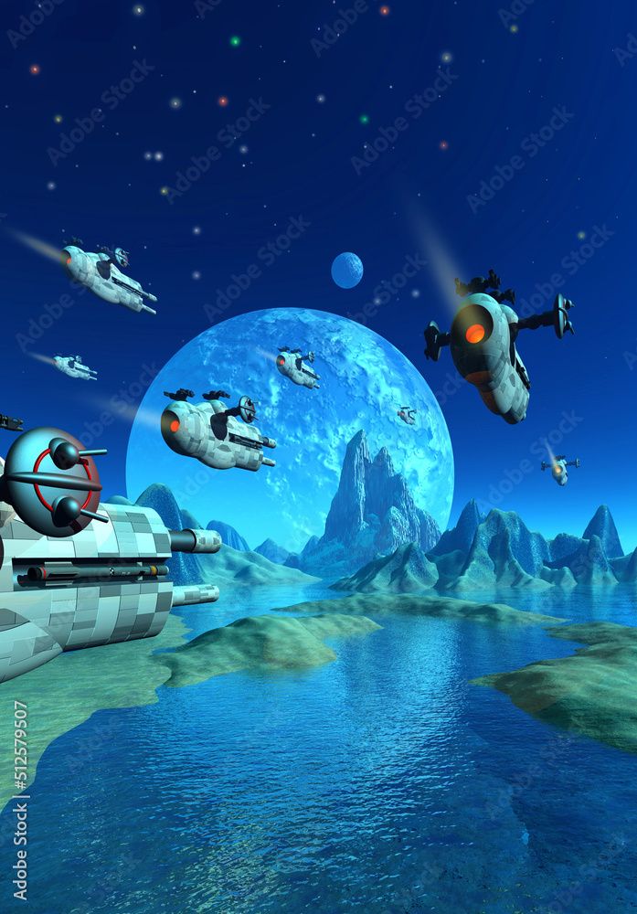 spaceship fleet invading a alien planetary system, 3d render Stock ...