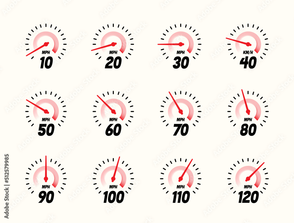 MPH Speedometers Icon Set, Modern Vector Design. Speed limit, Moving ...