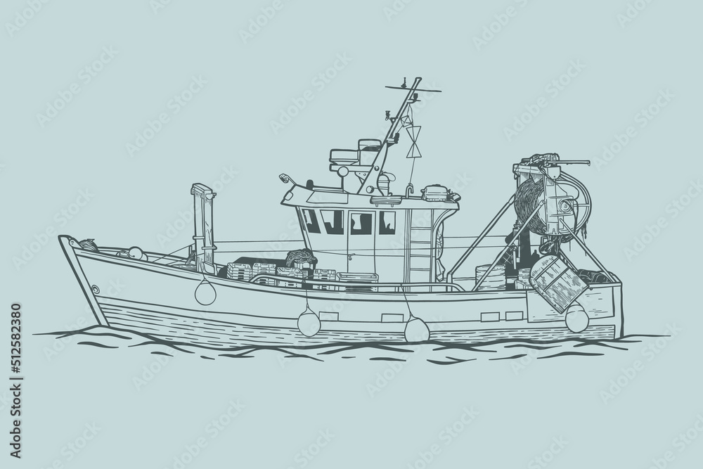 Fishing boat side view - vector illustration - Out line Stock Vector ...