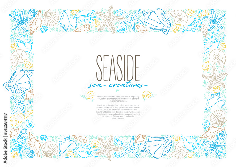 Vector square frame, border of line art tropical sea elements ...