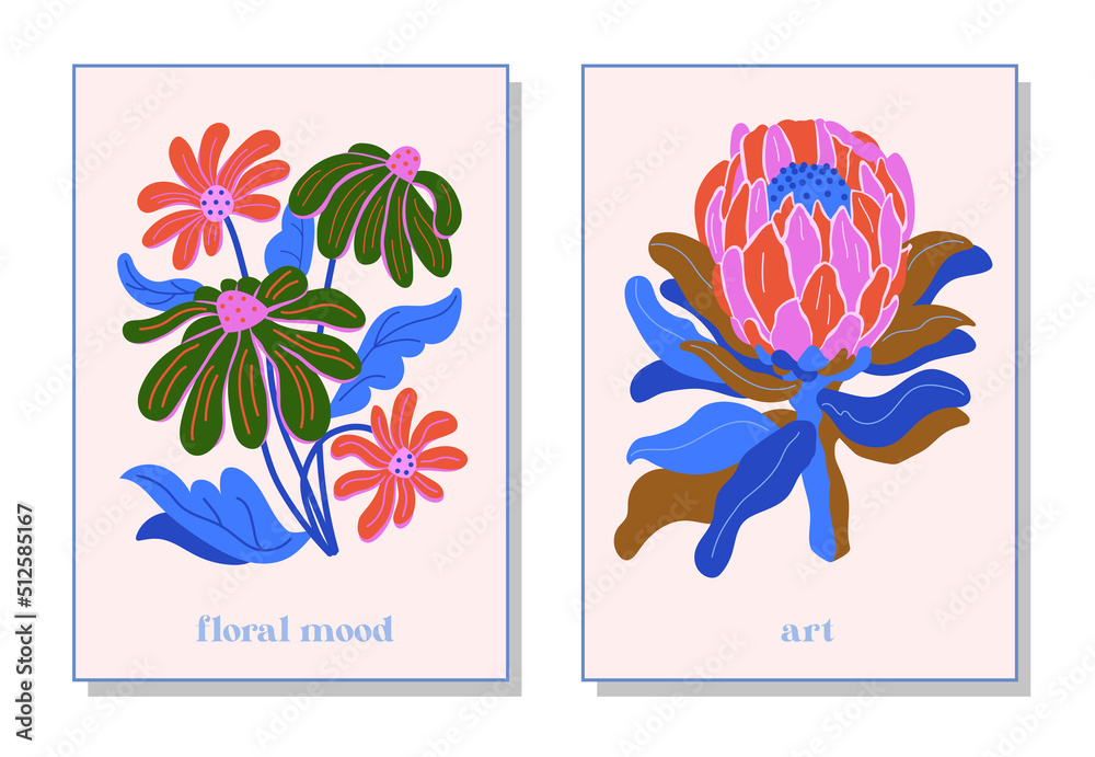 Bouquets of flowers. Drawing style. Colorful illustrations of flowers ...