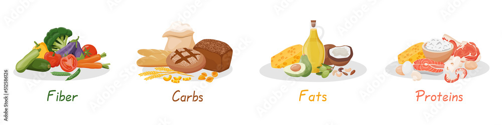 Vetor de Set of healthy macronutrients. Fiber, proteins, fats and carbs ...