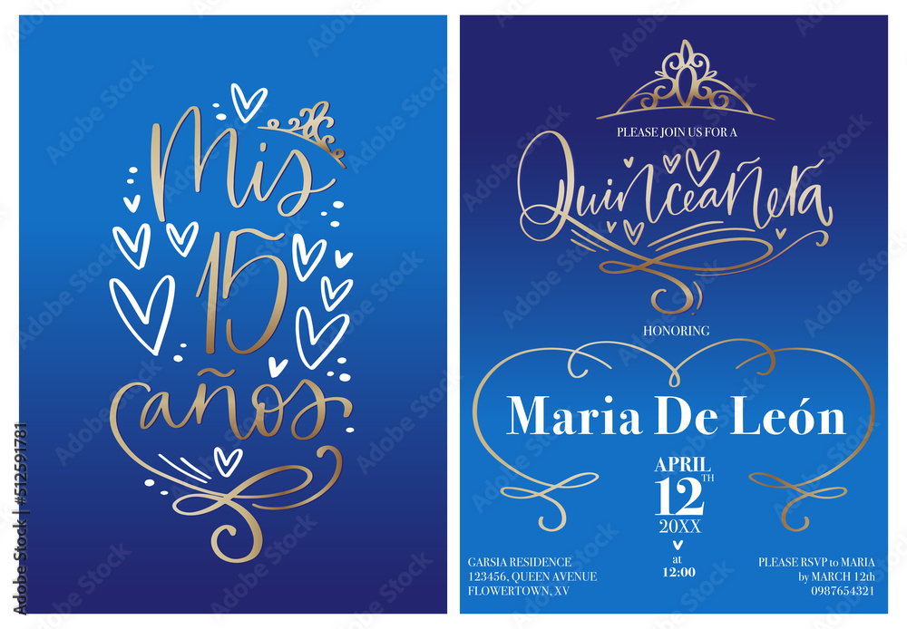 Quinceañera rich gold and luxury blue invitation template. My 15 years ...