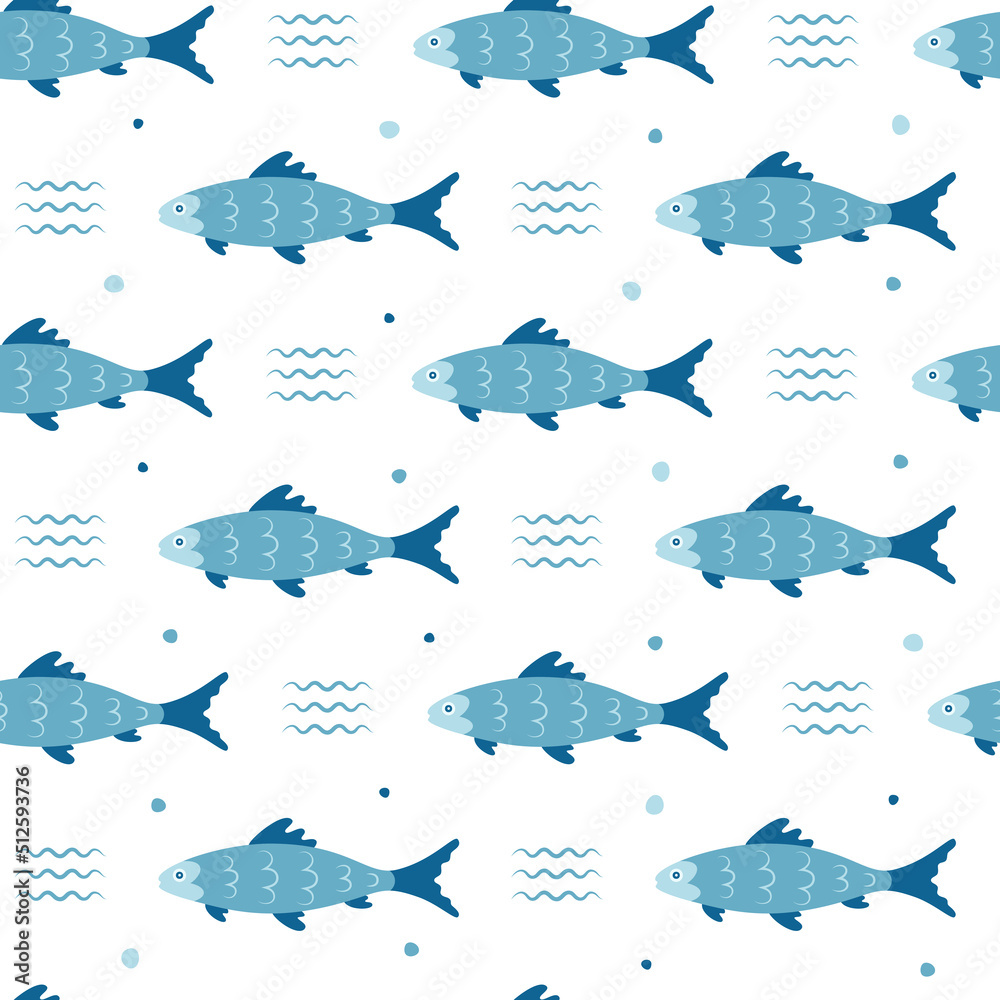 Cartoon fish seamless pattern in blue colors. Sea life theme background ...
