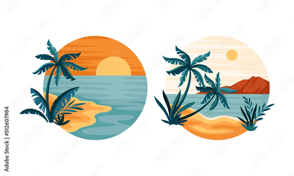 Tropical beach landscape in circle set. Idyllic scenes of tropical ...