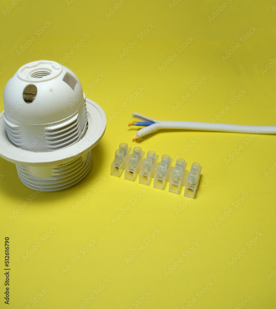 lamp receptacle, Electrical engineering, terminal block and wire on an ...