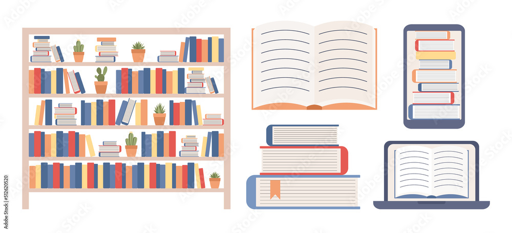 Online library icon set. Reading books. Library, education concept ...