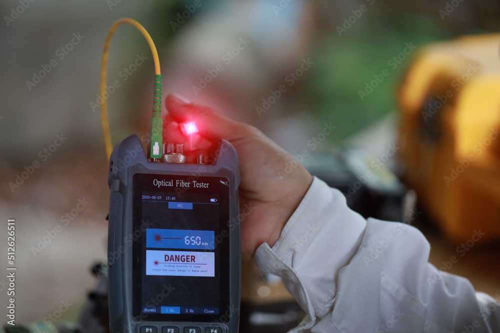 Stockfoto Professional testing of fiber optic connections. Measurement ...