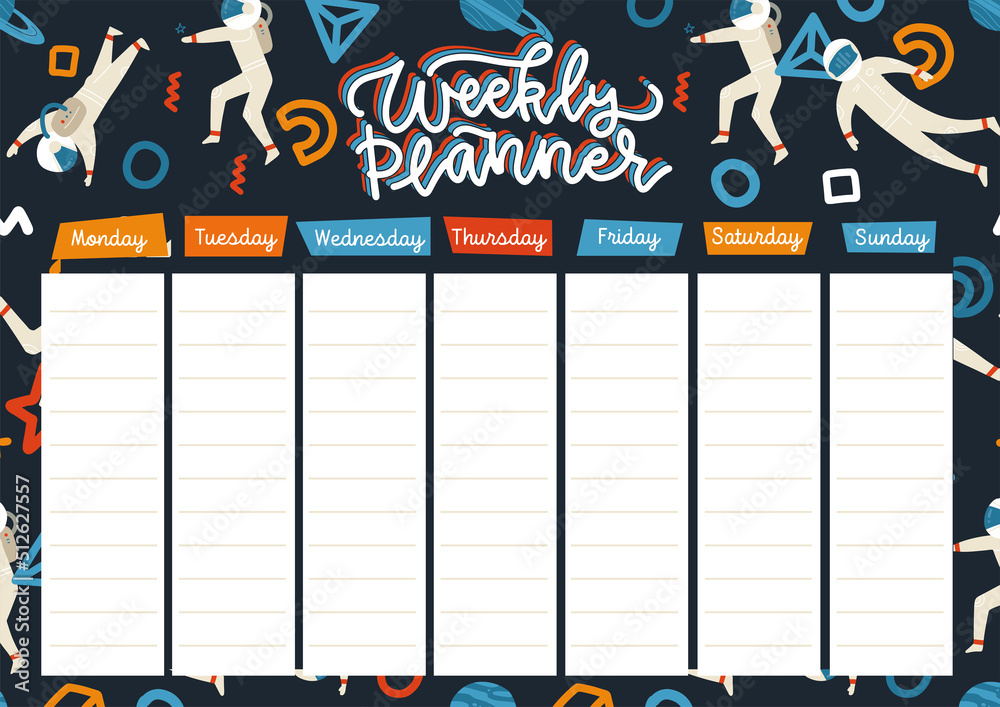 Weekly planner template with funny outer space with astronauts and ...