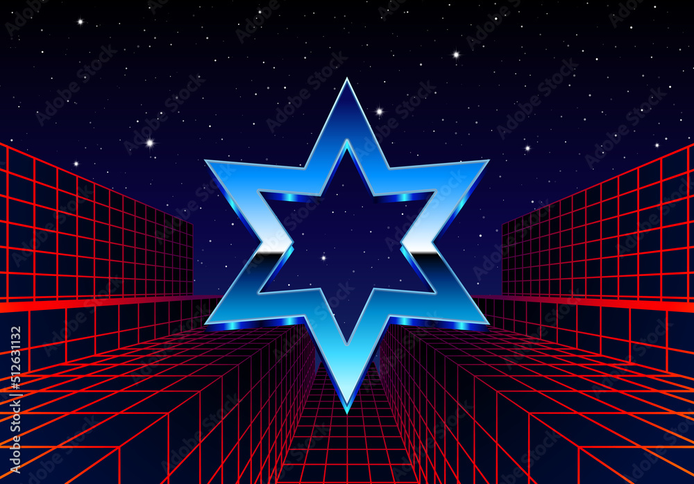 Vetor de Synthwave frame with chrome star and 80s styled synthwave ...