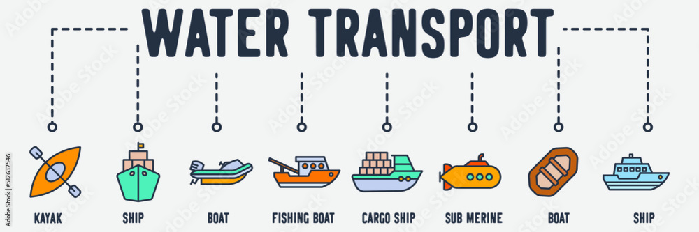 Water Transportation web icon. kayak, ship, boat, fishing boat, cargo ...
