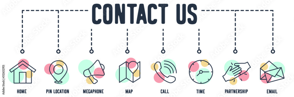 Contact Us banner web icon. door, pencil and ruler, paint brush, color ...