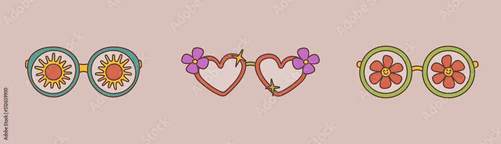 Groovy Glasses set in retro style. Isolated vector set icons sunglasses ...