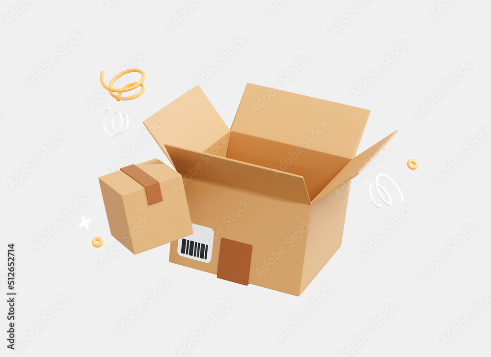 3D Open cardboard box. Fast shipment delivery. Unpacking order or ...