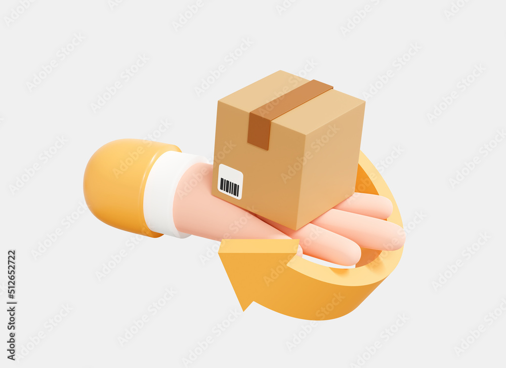 3D Return of parcel or order to courier. Deliveryman hand holding ...