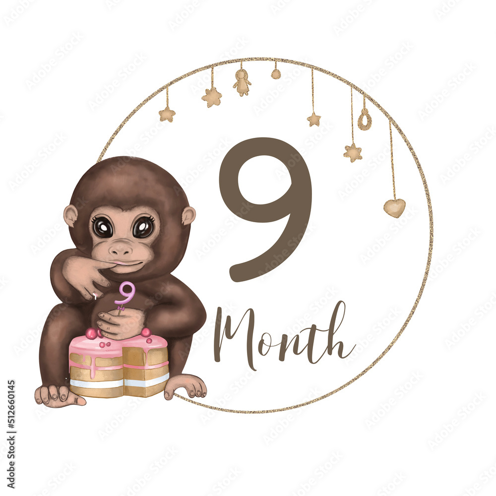 Cute baby girl affe. Hand drawn watercolor monkey with cake. Baby ...