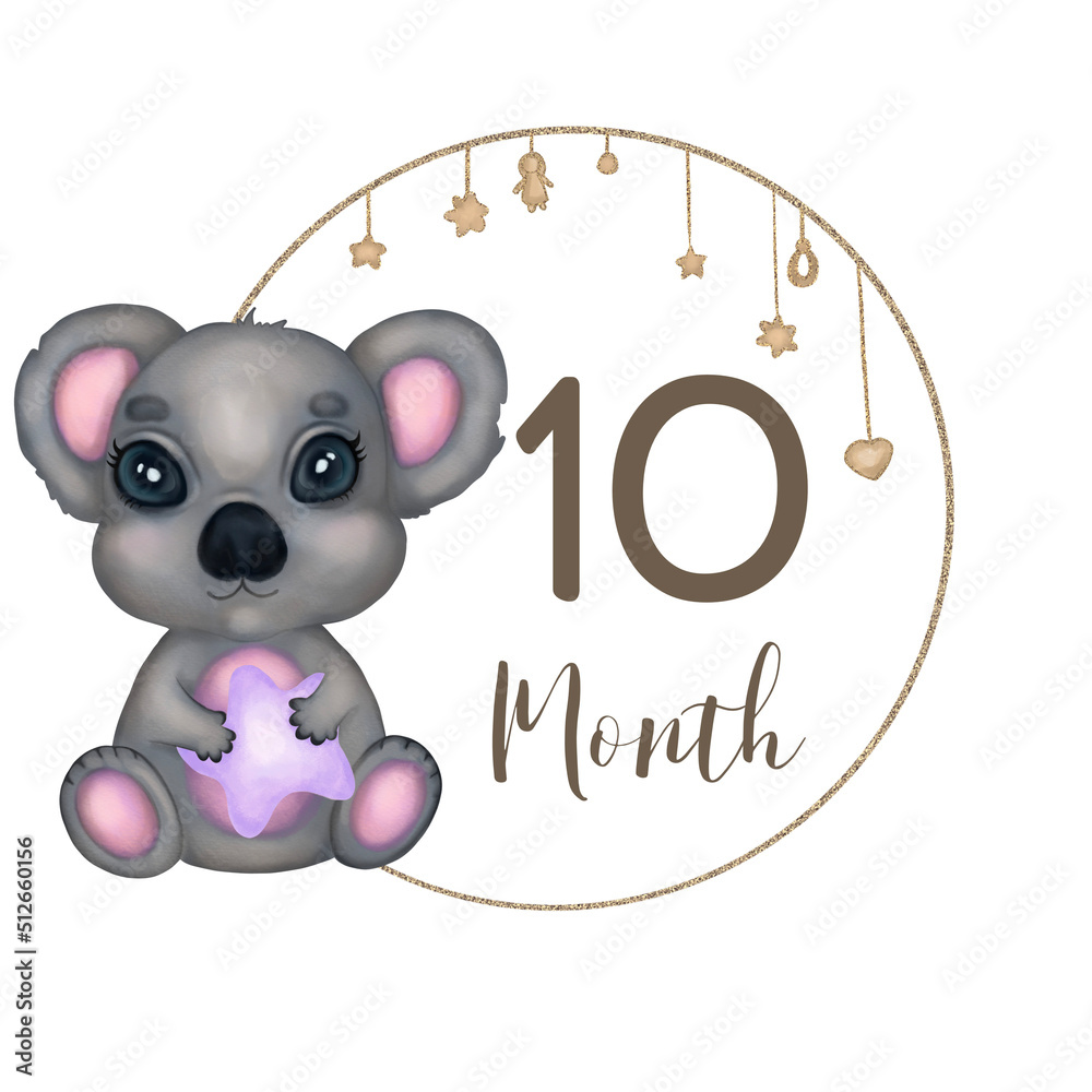 Cute baby girl koala with lighting pink star. Hand drawn watercolor ...