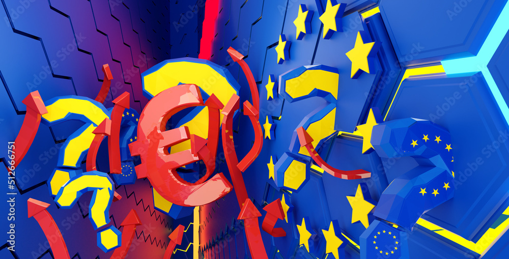 red EUR Euro symbol and question marks in colors of the flag of Europe ...
