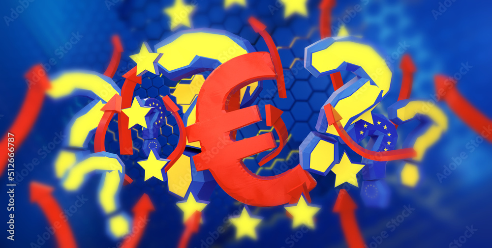 red EUR Euro symbol and question marks in colors of the flag of Europe ...