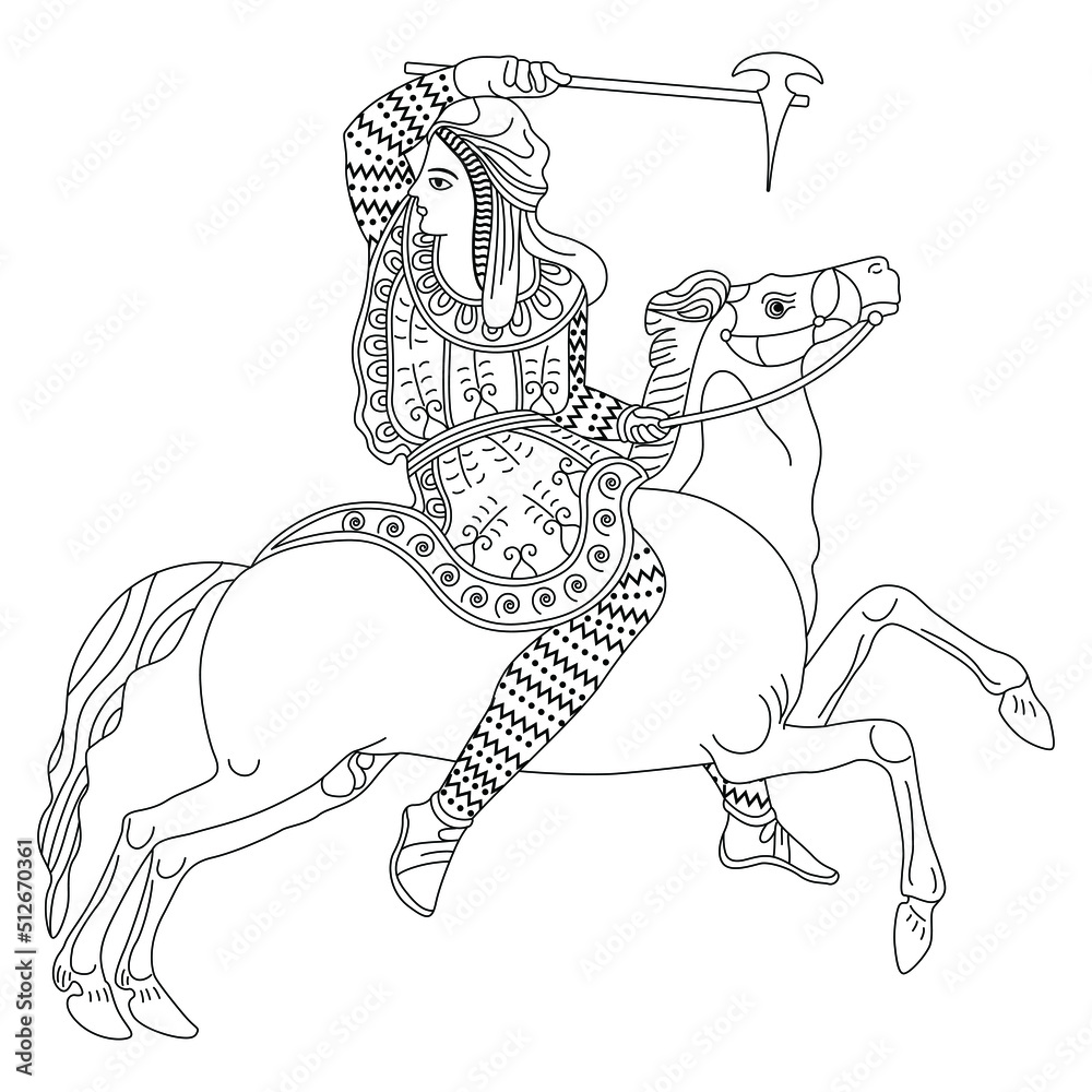 Scythian amazon woman riding a horse and holding a battle ax. Ancient ...