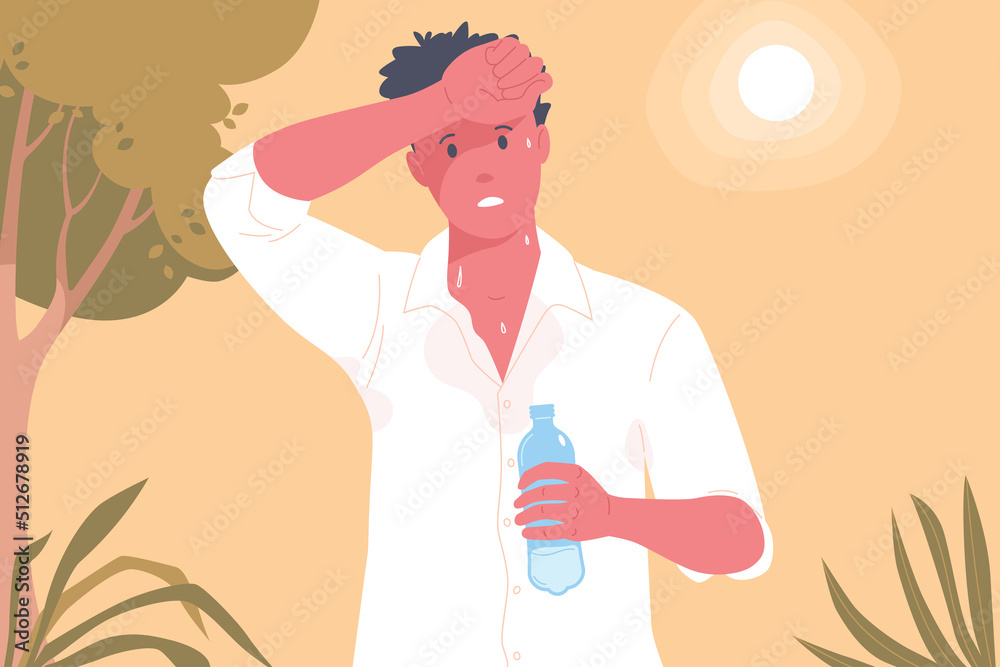 Man suffering from heat. A man with a bottle of water wipes sweat from ...