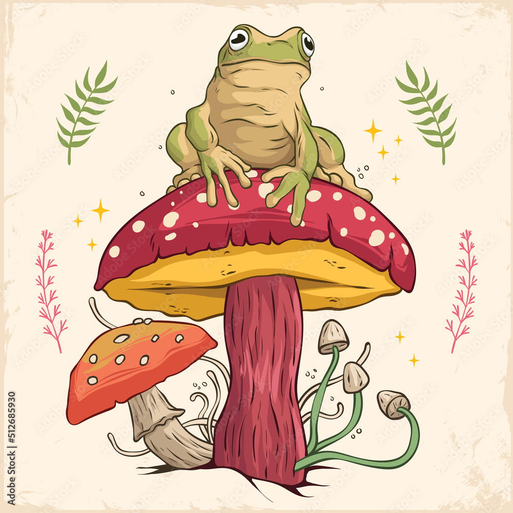 Hand Drawn Cottagecore Aesthetic Goblincore Frog Sitting On Mushroom