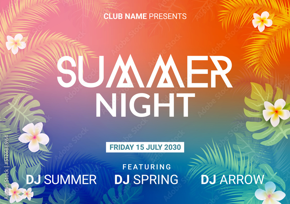 Summer night dance party beach flyer design. Summer night sunset ...