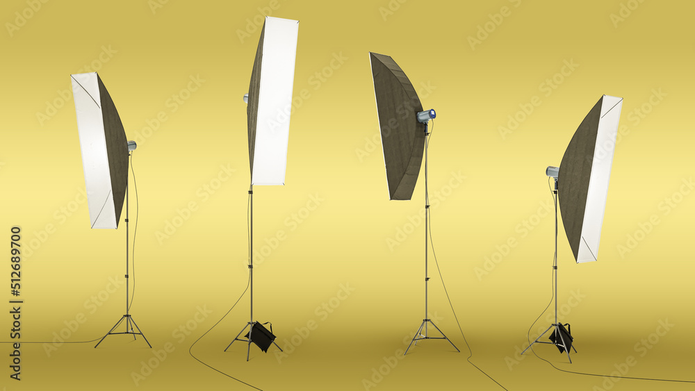 Professional photo studio strobe light with stripbox modifier isolated ...