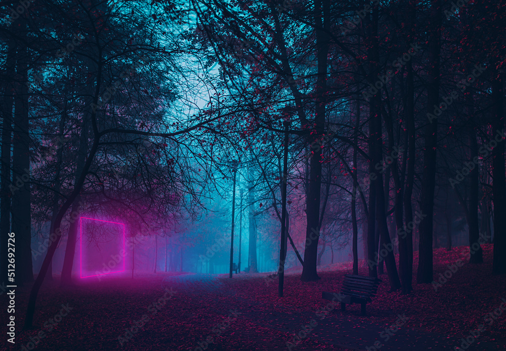 Fairy Mysterious Forest. Neon portal. Retro style. Retrowave. Mystical ...