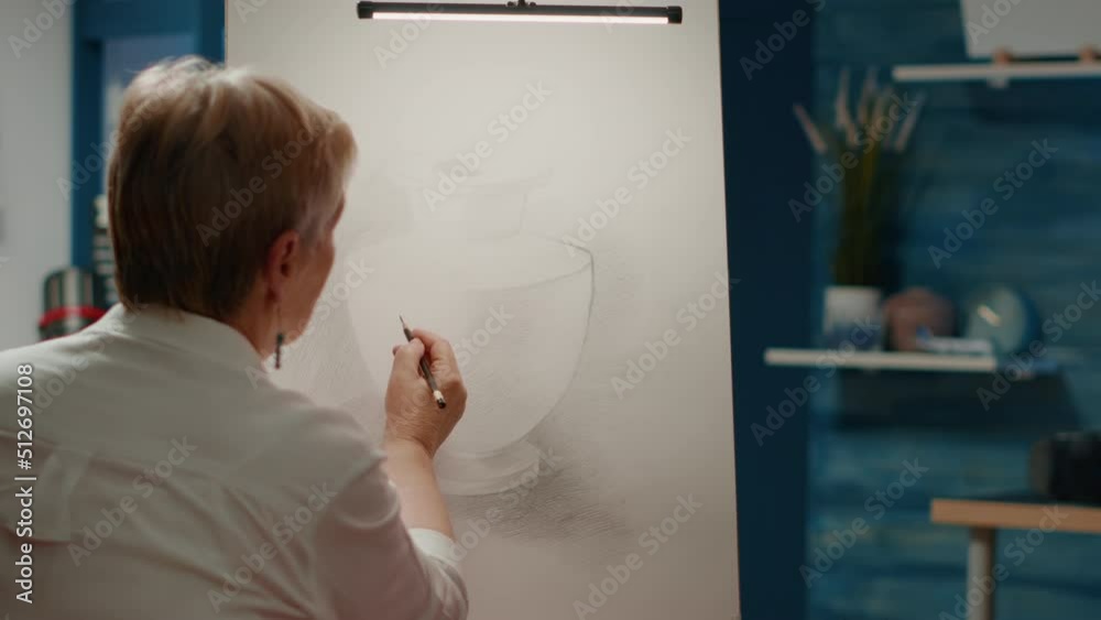 Senior artist using pencils to draw artwork sketch design on canvas ...