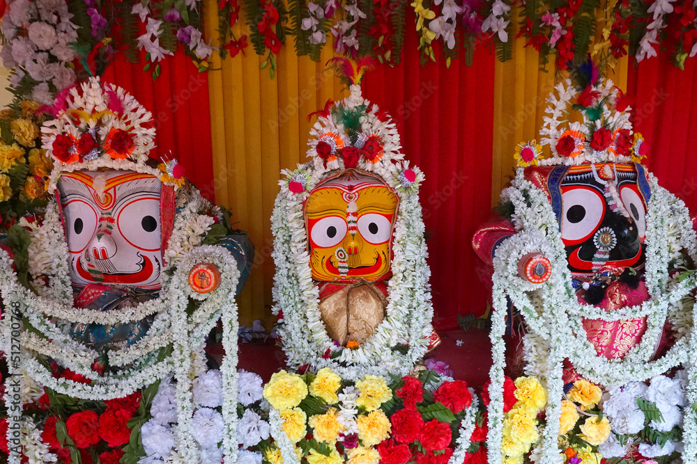 Idols of God Jagannath, Balaram and Goddess Suvadra. Lord Jagannath is ...