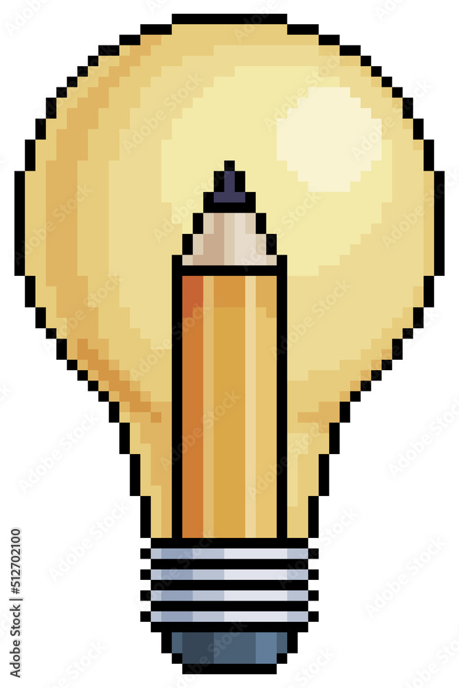 Pixel art lamp with pencil. Idea and creativity concept symbol vector icon for 8bit game on ...