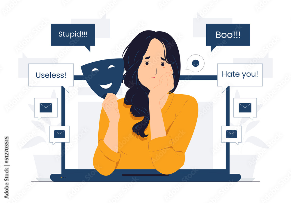 Vetor de Cyber bullying with victim feeling frustrating, suffer, and ...