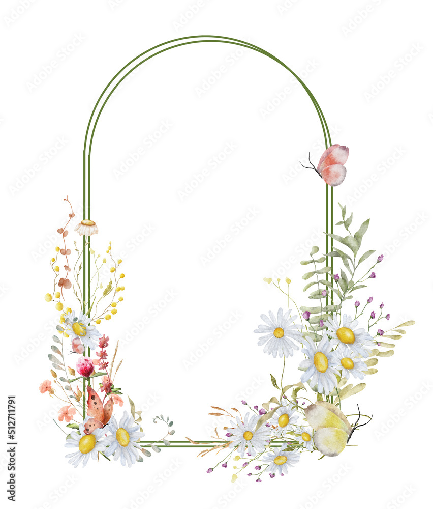 Wild flowers watercolor frame botanical hand drawn illustration Stock ...