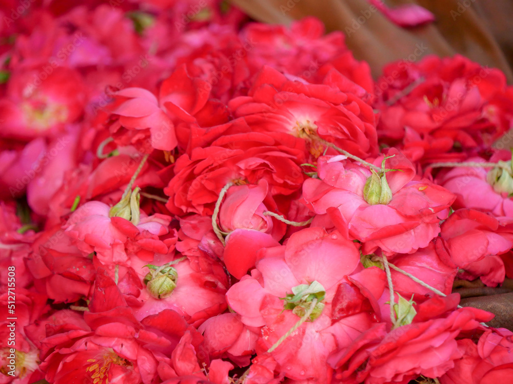 Heap of Red Rose flowers garlands. Rose flower garland use for ...