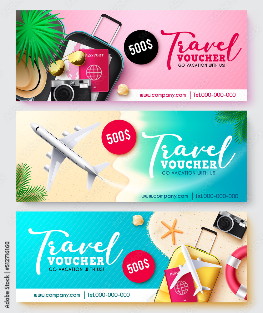 Travel voucher vector banner set. Travel voucher text collection in ...