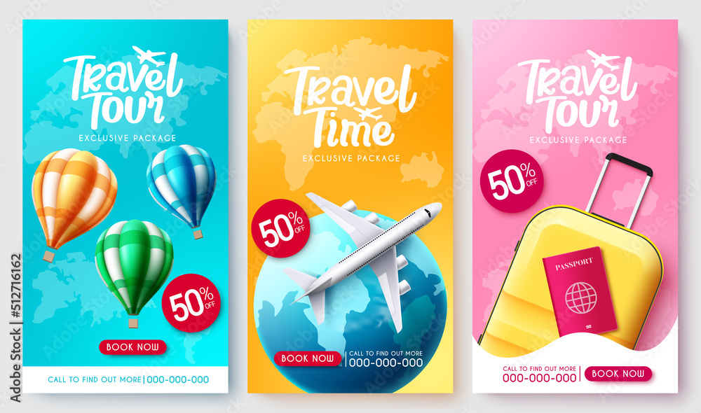 Travel tour vector poster set. Travel package collection in exclusive ...