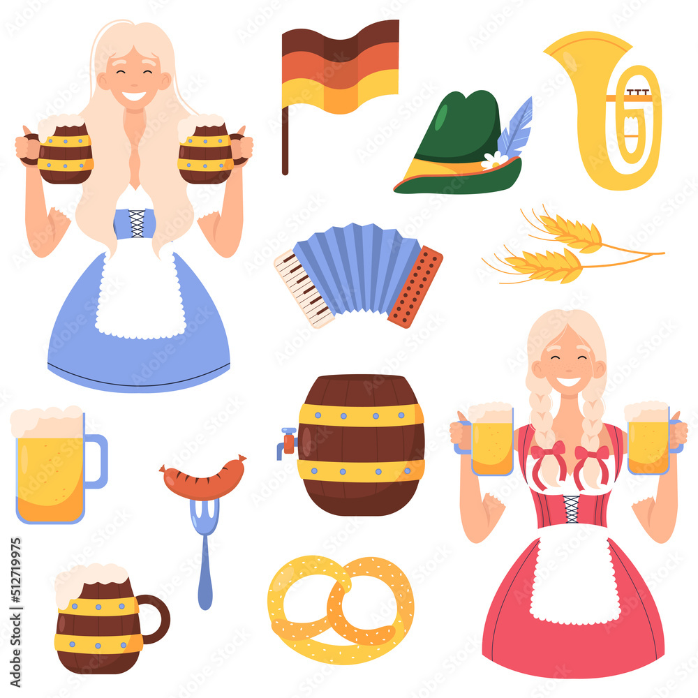 Vetor de Vector set of Oktoberfest elements: german beer, pretzel ...