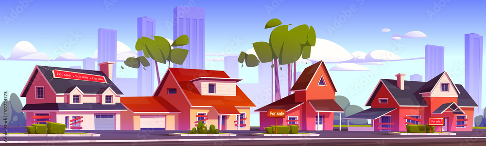 Street in suburb district with residential houses and city on skyline ...
