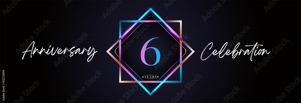 6 years anniversary celebration logotype with neon frame and neon ...